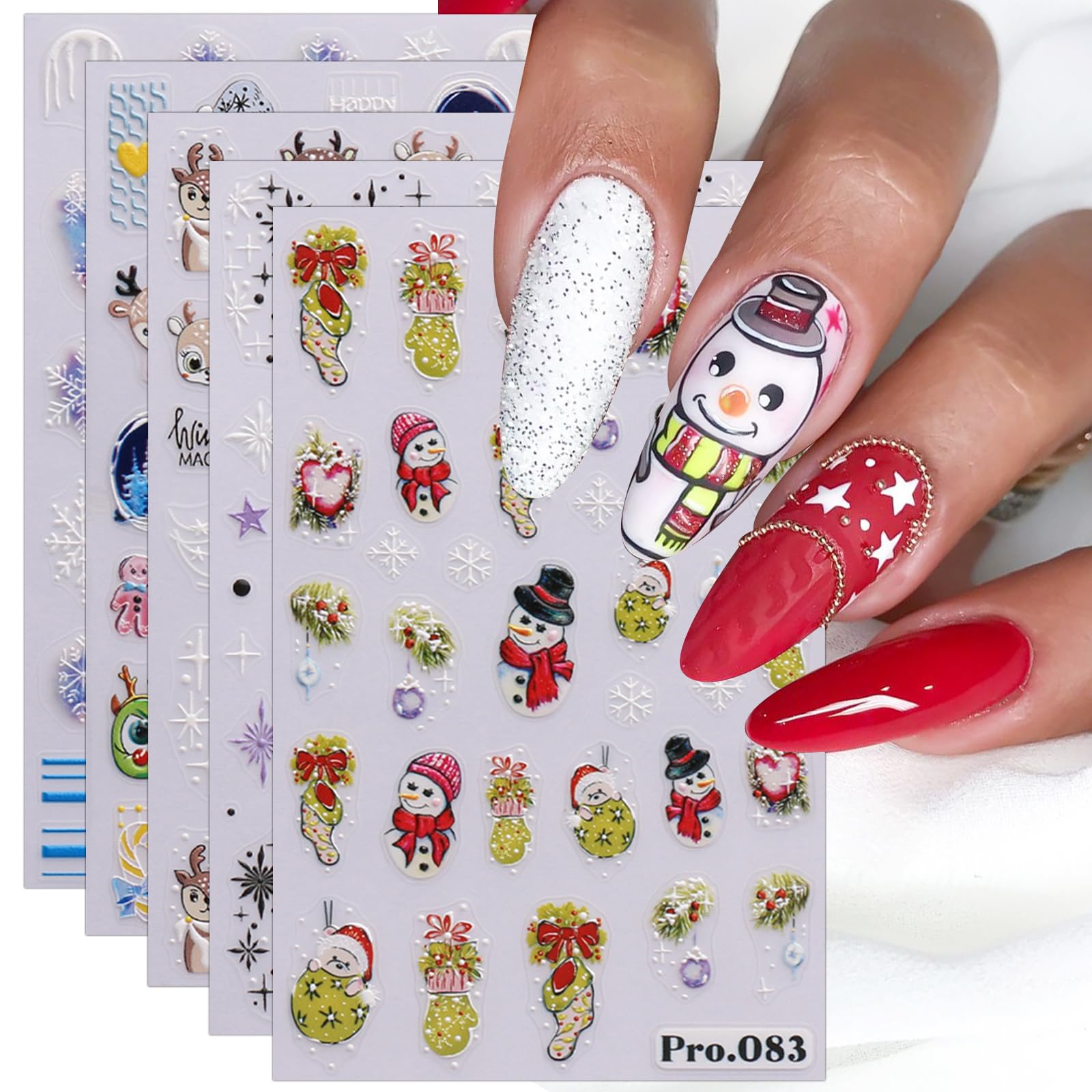 JMEOWIO 6 Sheets Christmas Nail Art Stickers Decals Self-Adhesive Pegatinas Uñas Snowflake Santa Snowman Xmas Winter Holiday Nail Supplies Nail Art Design Decoration Accessories