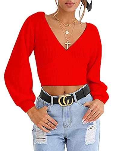 Women Knitted Crop Deep V-Neck Long Sleeve Pullover Cross Wrap Front Loose Sweater