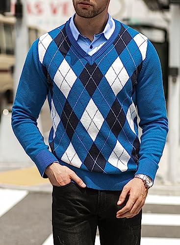 JMIERR Mens Pullover Knitted V Neck Long Sleeve Argyle Sweater, US 43(L), Sky Blue