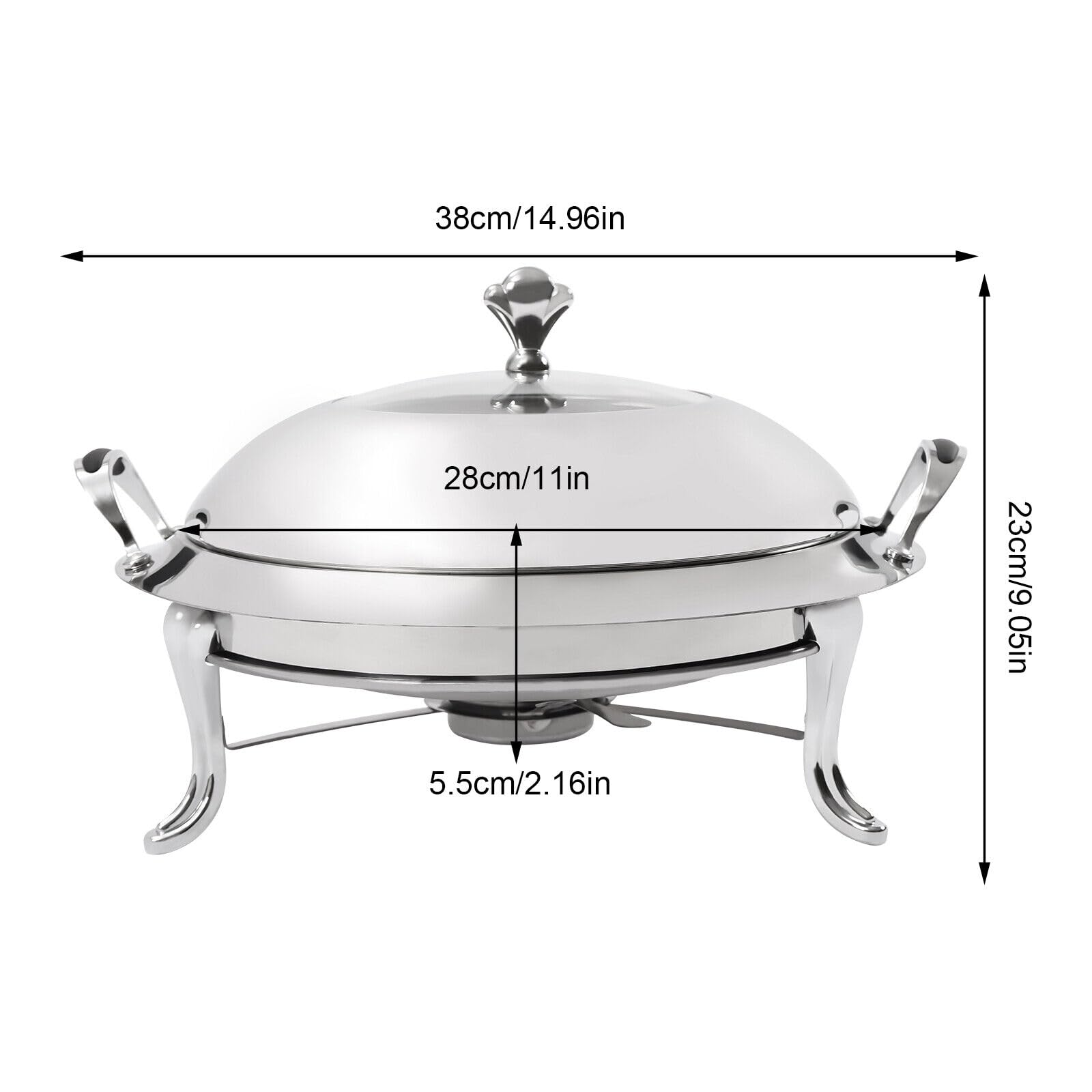 Chafing Dish Stainless Steel Round Durable Buffet Warmer Tray Durable Frame with Lid,Chafing Fuel Holder for Kitchen Party Dining Buffet Without Water Pan for Weddings & Family Gatherings (Silver)