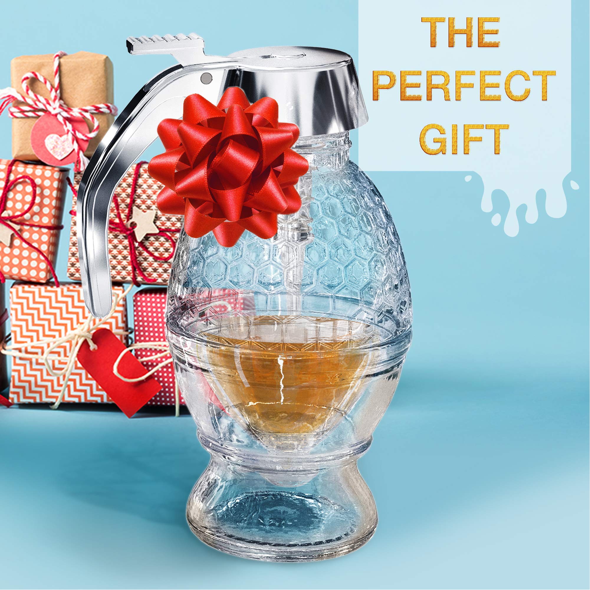 CLEVLI Honey Dispenser – Glass Honey Dispenser – No Drip 8 Oz –Honey Pourer Dispenser, Honey Pot with Stand – for Syrup, Sugar, Sauces, Jar with Non Slip Support, Flip Top Lid for Easy Works