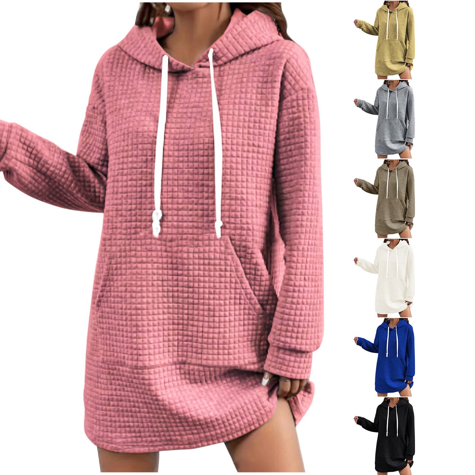 ZYXTIM Women Waffle Knit Sweatshirt Dress Plus Size Loose Fall Long Sleeve Hoodies Drwastring Pullover with Kangaroo Pocket Pink