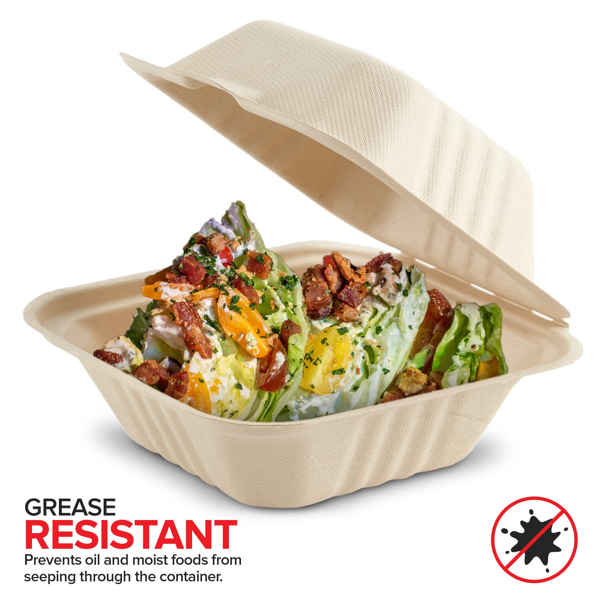 Clamshell Take Out Food Containers 6" x 6” (50 Pack) 1-Compartment, Disposable To Go Container, Togo Boxes With Lids, Trays for Lunch, Dinner, Meal-Prep, Eco Friendly, Compostable, Biodegradable
