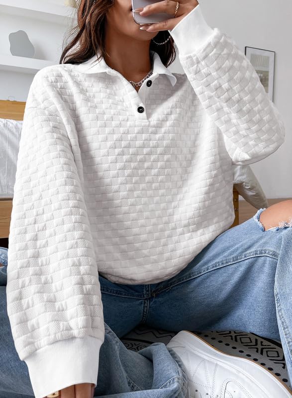 Dokotoo Womens Waffle Knit Tops Loose White Plus Size Oversized Sweatshirt for Women 2025 Fashion Fall Trendy Quarter Button V Neck Casual Patchwork Pullover Sweatshirts Shirts XXLarge