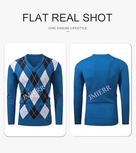 JMIERR Mens Pullover Knitted V Neck Long Sleeve Argyle Sweater, US 43(L), Sky Blue