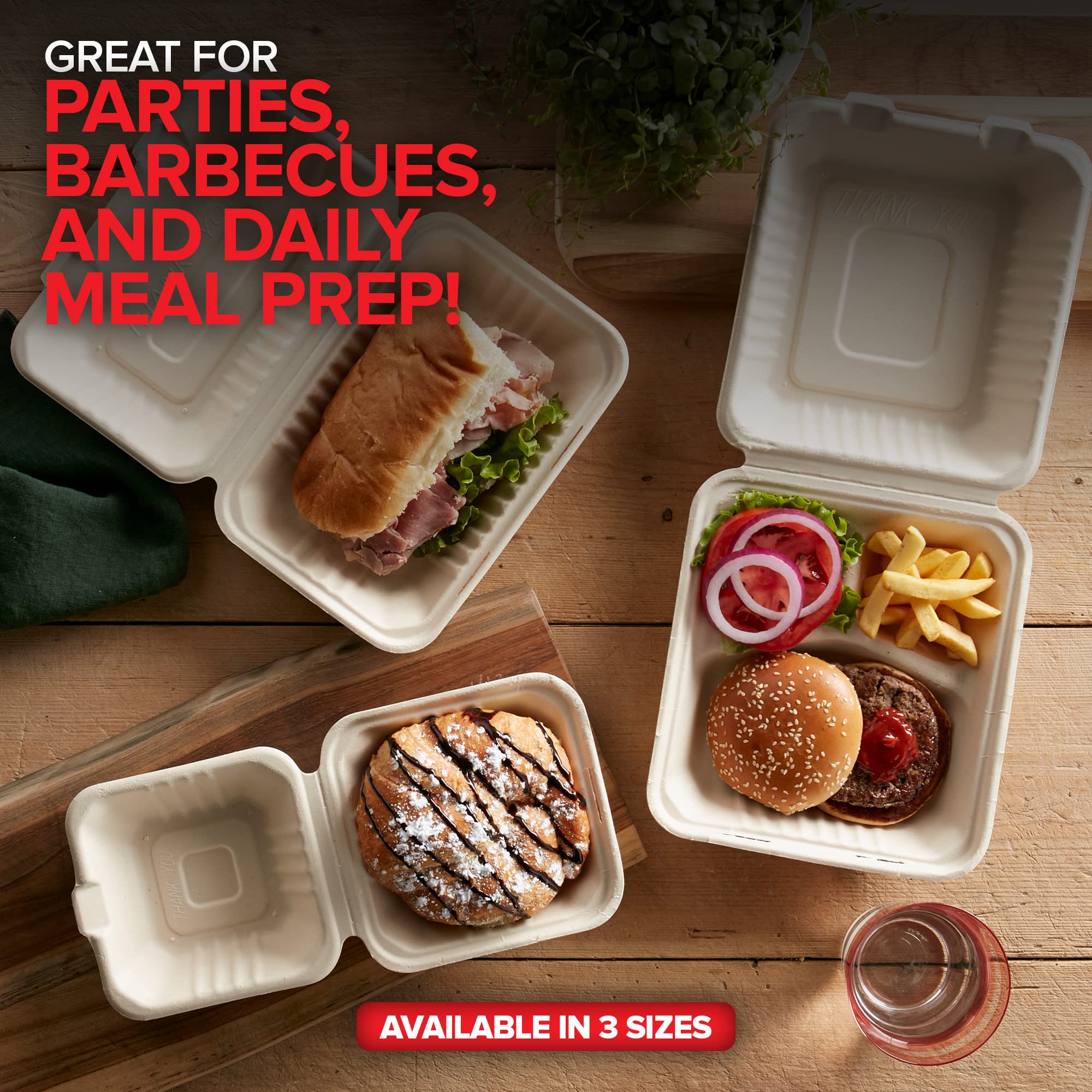 Clamshell Take Out Food Containers 6" x 6” (50 Pack) 1-Compartment, Disposable To Go Container, Togo Boxes With Lids, Trays for Lunch, Dinner, Meal-Prep, Eco Friendly, Compostable, Biodegradable