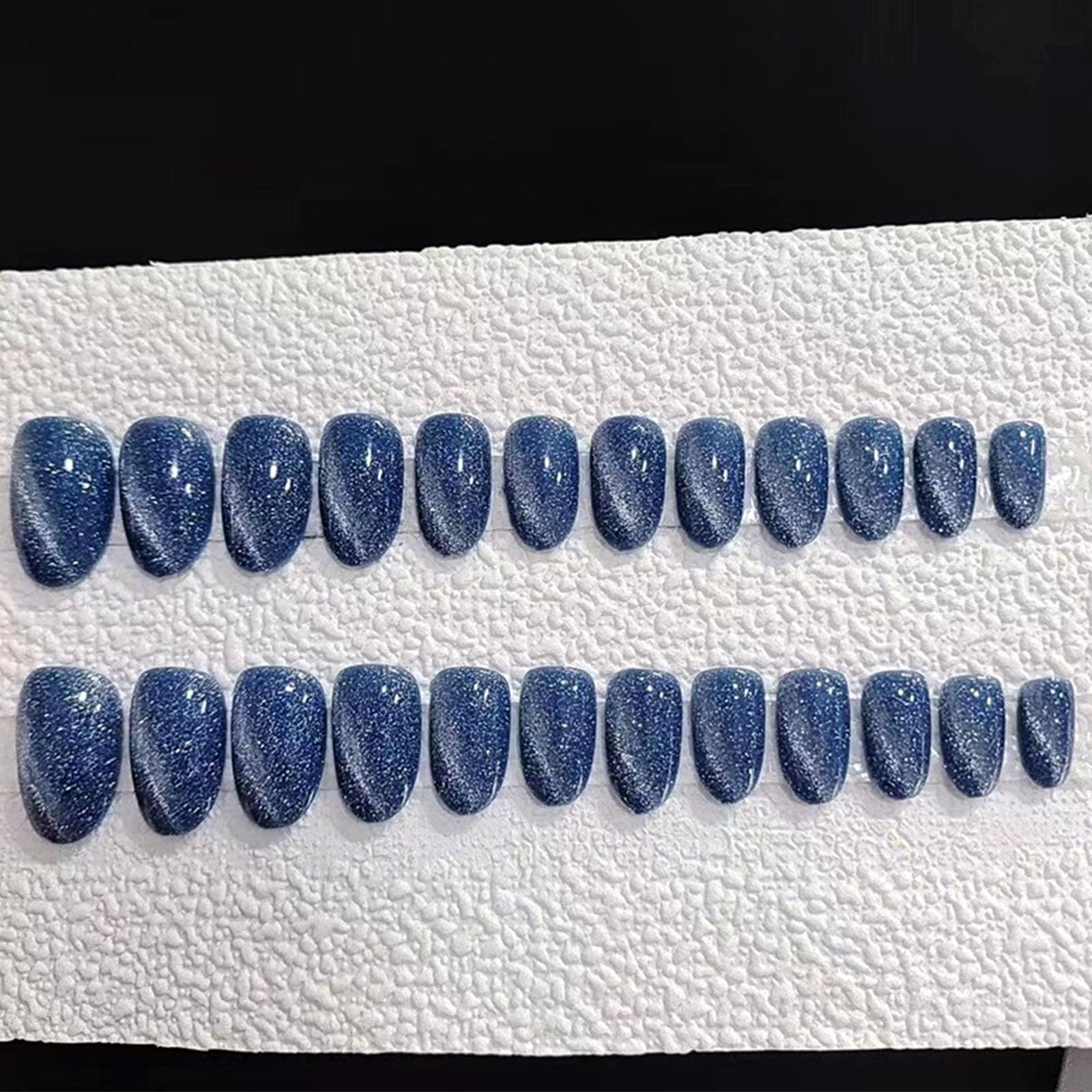 Short Press on Nails Medium Almond Cat Eye Fake Nails False Nails with Glitter Sparkly Designs Blue Full Cover Acrylic Nails Light Luxury and Glossy Artificial Nails for Women 24Pcs