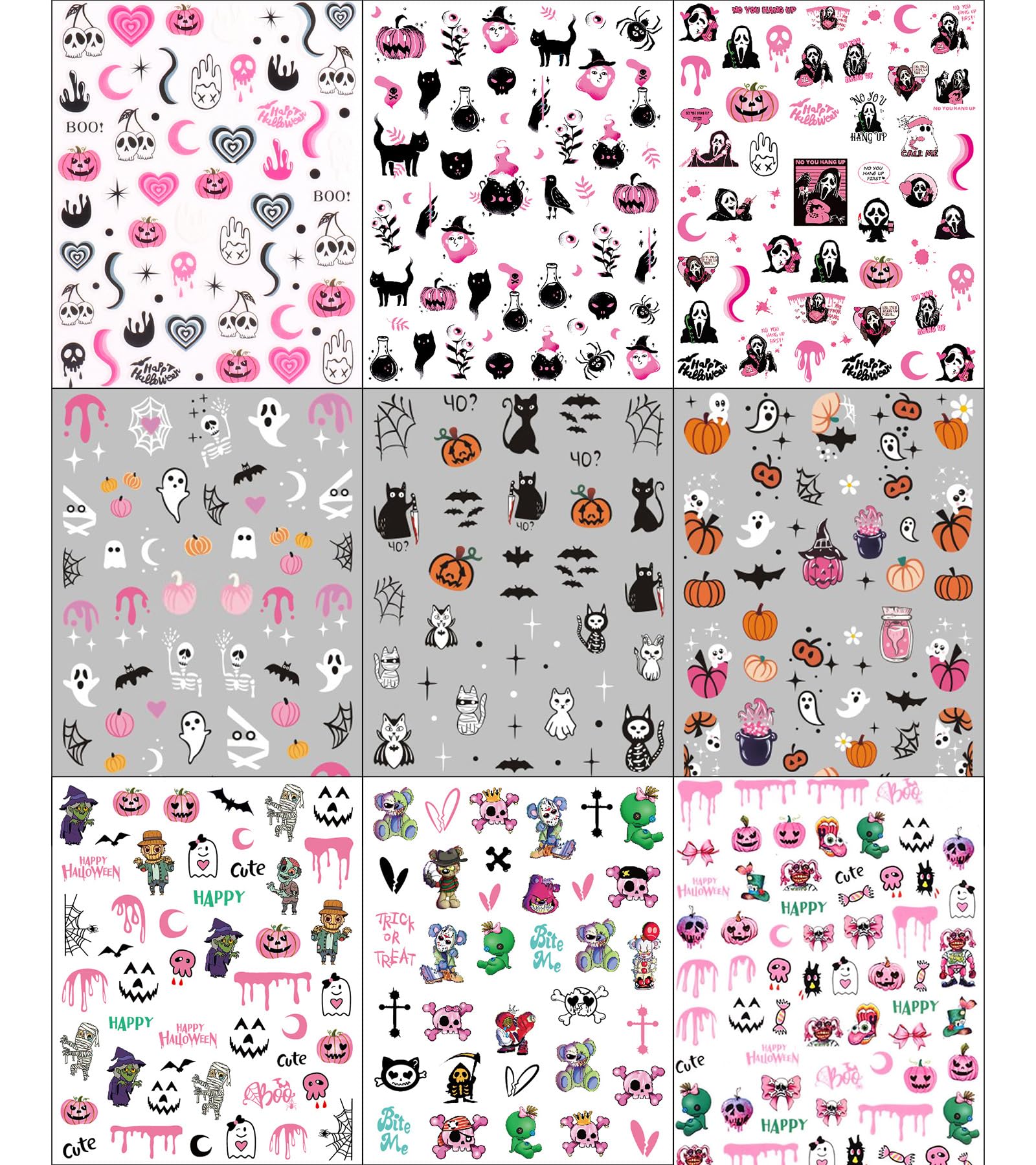 JMEOWIO 9 Sheets Pink Halloween Nail Art Stickers Decals Self-Adhesive Pegatinas Uñas Cute Skull Ghost Witchy Spider Web Bat Candy Pumpkin Nail Supplies Nail Art Design Decoration Accessories
