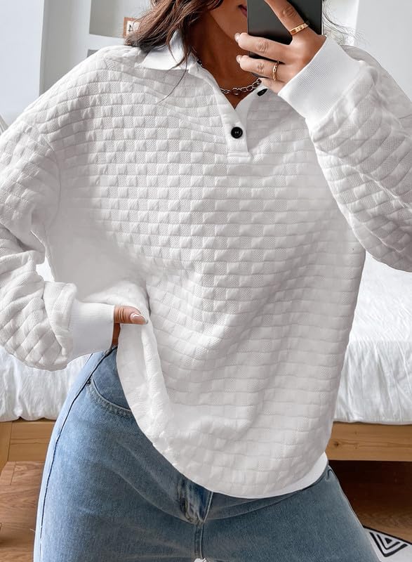 Dokotoo Womens Waffle Knit Tops Loose White Plus Size Oversized Sweatshirt for Women 2025 Fashion Fall Trendy Quarter Button V Neck Casual Patchwork Pullover Sweatshirts Shirts XXLarge