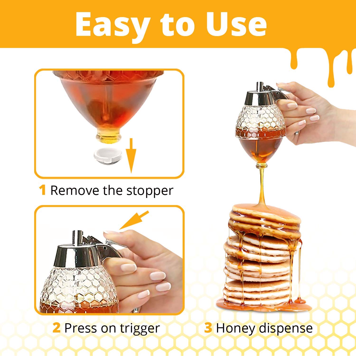 CLEVLI Honey Dispenser – Glass Honey Dispenser – No Drip 8 Oz –Honey Pourer Dispenser, Honey Pot with Stand – for Syrup, Sugar, Sauces, Jar with Non Slip Support, Flip Top Lid for Easy Works