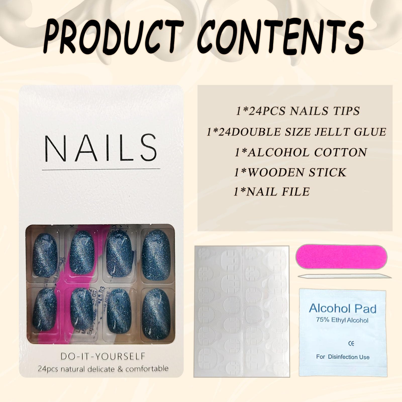 Short Press on Nails Medium Almond Cat Eye Fake Nails False Nails with Glitter Sparkly Designs Blue Full Cover Acrylic Nails Light Luxury and Glossy Artificial Nails for Women 24Pcs