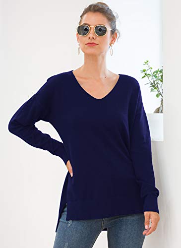 Jouica Women's Casual V Neck Long Sleeve Knit Top Loose Pullover Sweater,Navy Blue,Large