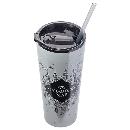 Silver Buffalo Harry Potter Marauder's Map Solemnly Swear Mischief Managed Double Walled Stainless Steel Tumbler With Straw, 22 Ounces
