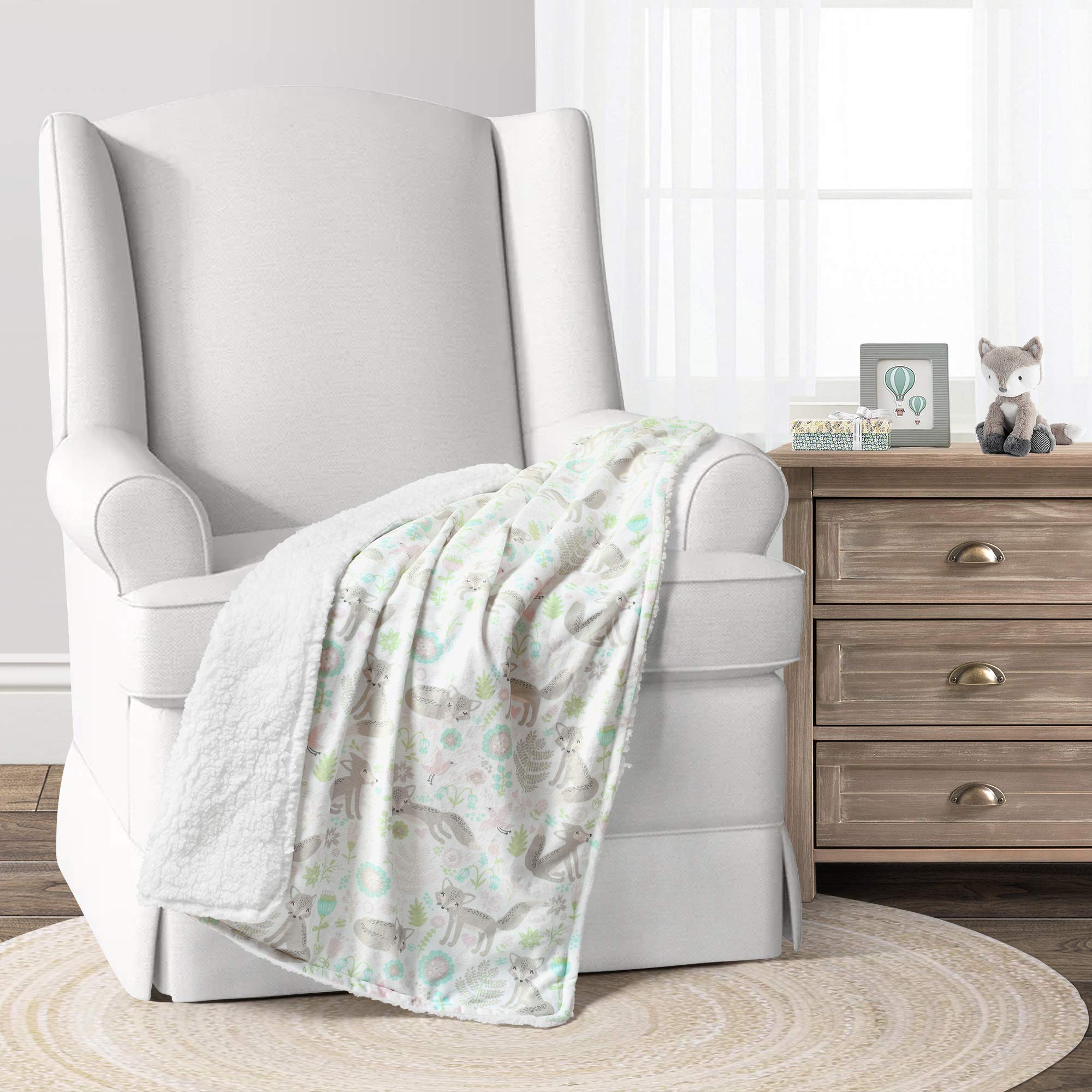 Lush Decor Pixie Fox Soft Sherpa Baby Blanket, 30" W x 40" L, Multi - Floral & Fox Blanket - Reversible Fleece Blanket for Baby or Toddler - Baby Shower Presents - Woodland Nursery Decor