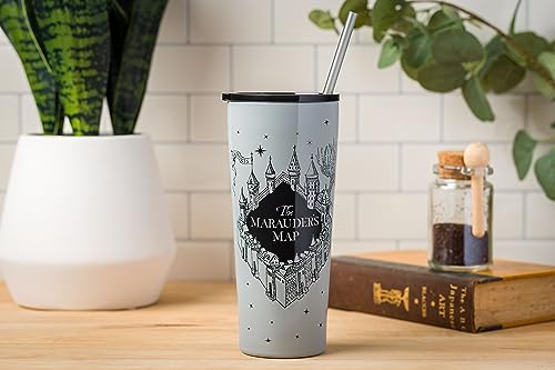 Silver Buffalo Harry Potter Marauder's Map Solemnly Swear Mischief Managed Double Walled Stainless Steel Tumbler With Straw, 22 Ounces