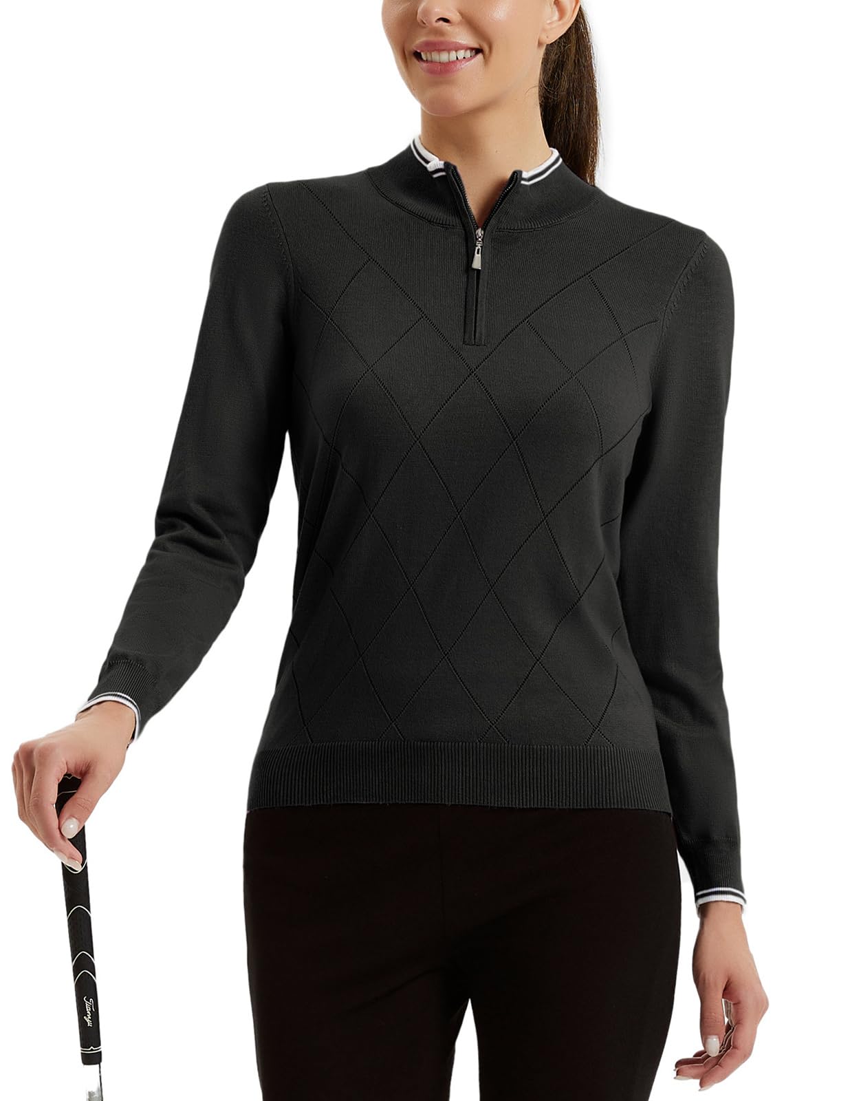 JACK SMITH Black Sweater Women Knit Fall Long Sleeve Argyle Pullover Quarter Zip Ribbed Polo Lightweight V Neck Top L