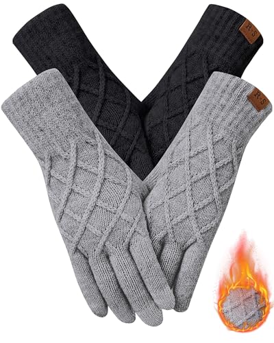 REACH STAR 2 Pairs Winter gloves for women Touch screen Cashmere Elastic Thermal knit Lining Warm Gloves for Cold weather for Running Driving, Gifts for Christmas (Black+Dark Gray)