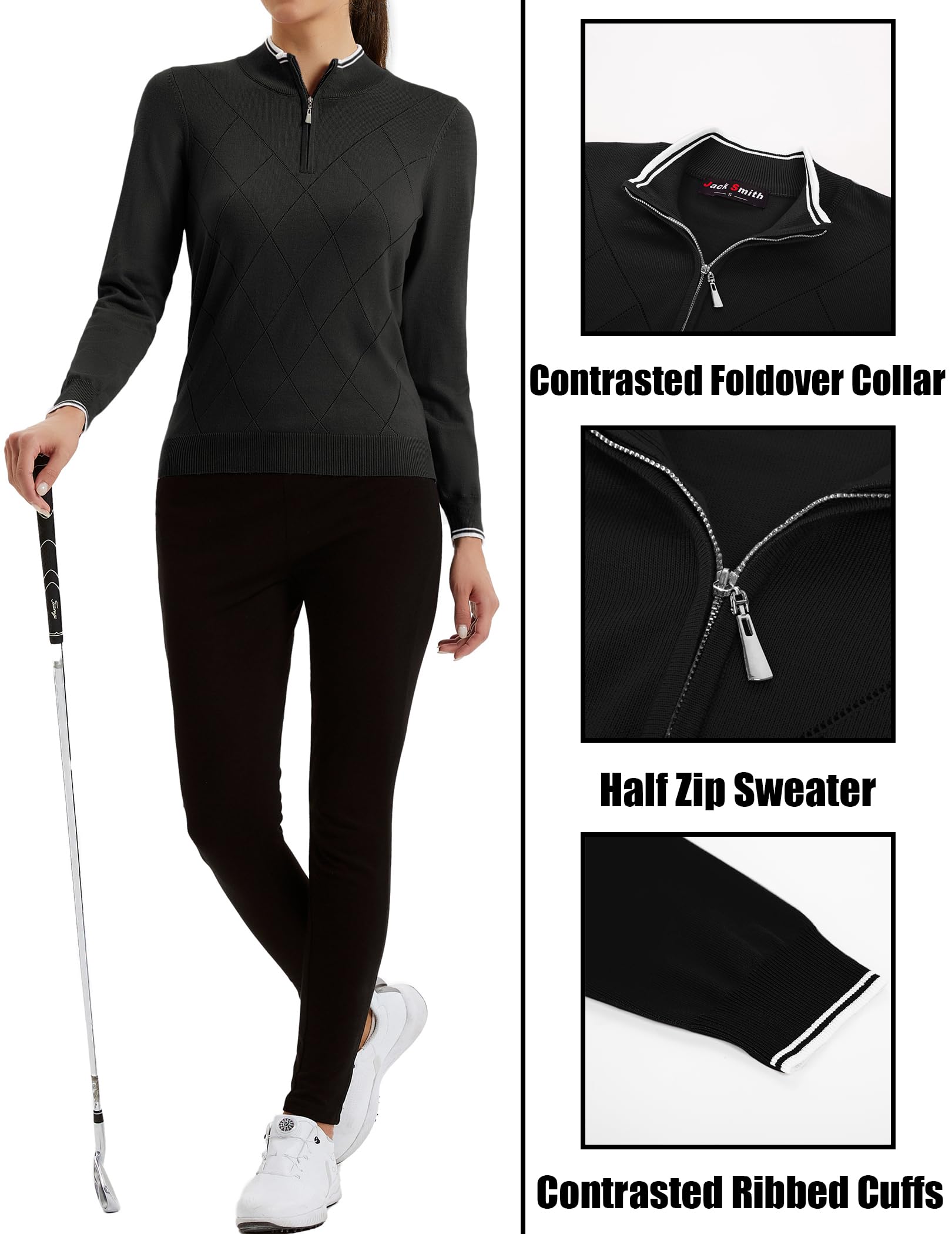 JACK SMITH Black Sweater Women Knit Fall Long Sleeve Argyle Pullover Quarter Zip Ribbed Polo Lightweight V Neck Top L