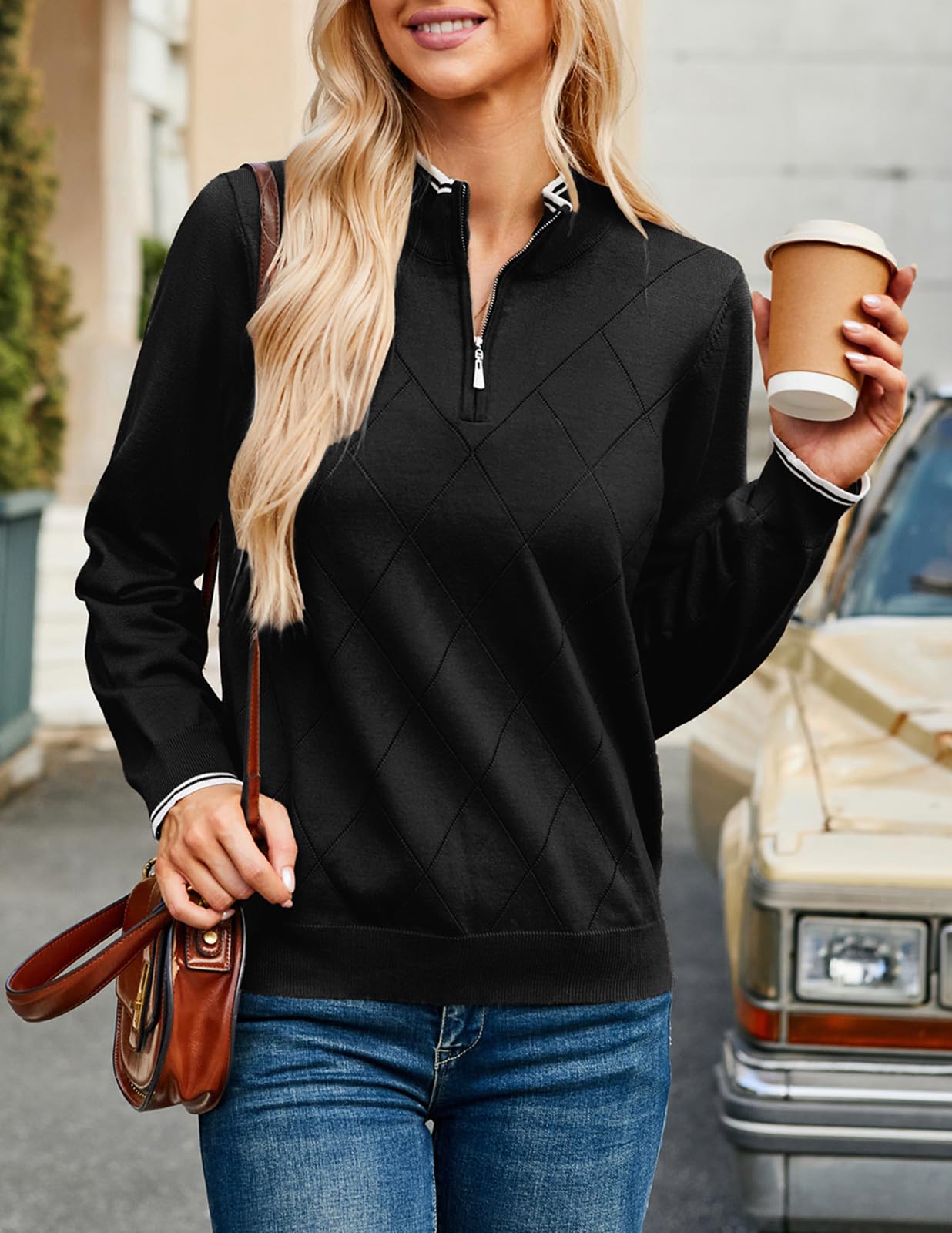 JACK SMITH Black Sweater Women Knit Fall Long Sleeve Argyle Pullover Quarter Zip Ribbed Polo Lightweight V Neck Top L