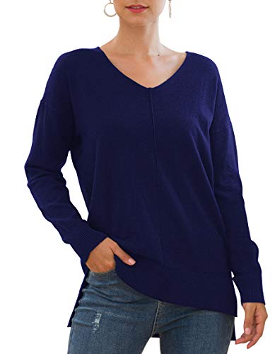 Jouica Women's Casual V Neck Long Sleeve Knit Top Loose Pullover Sweater,Navy Blue,Large