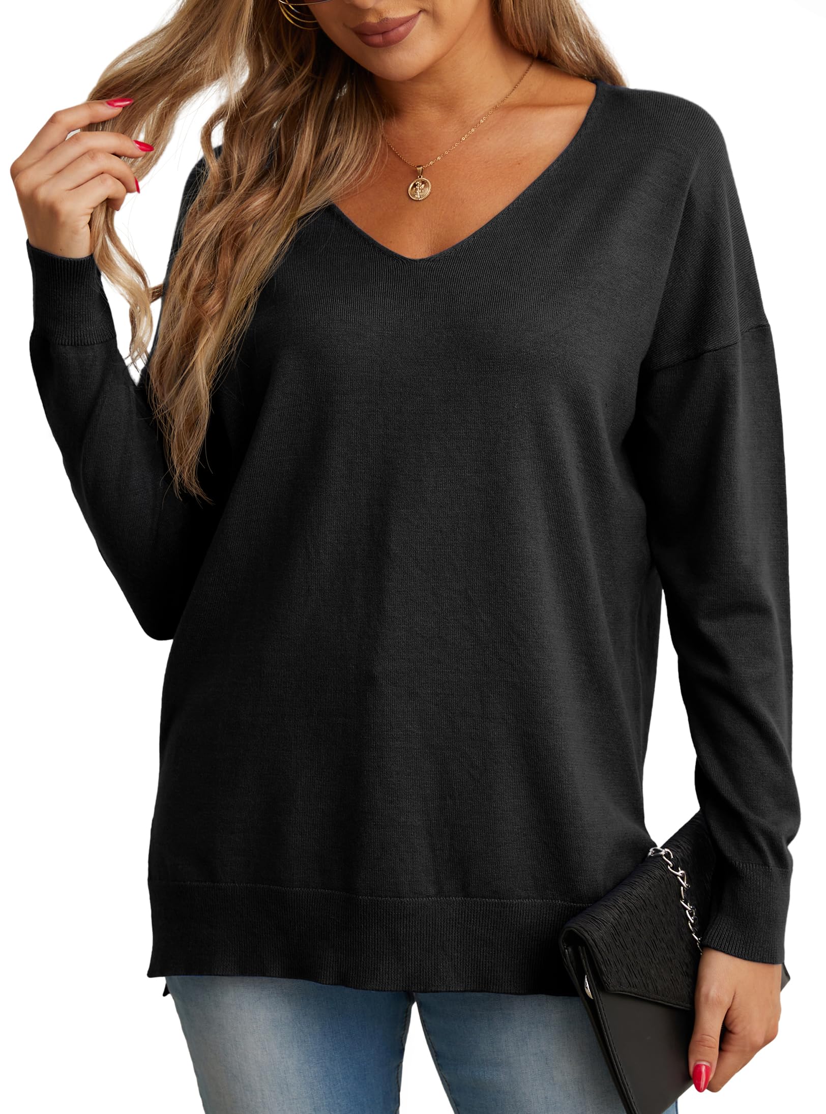 GRECERELLE Women's V-Neck Long Sleeve Side Split Loose Casual Knit Pullover Sweater Blouse Black-Medium