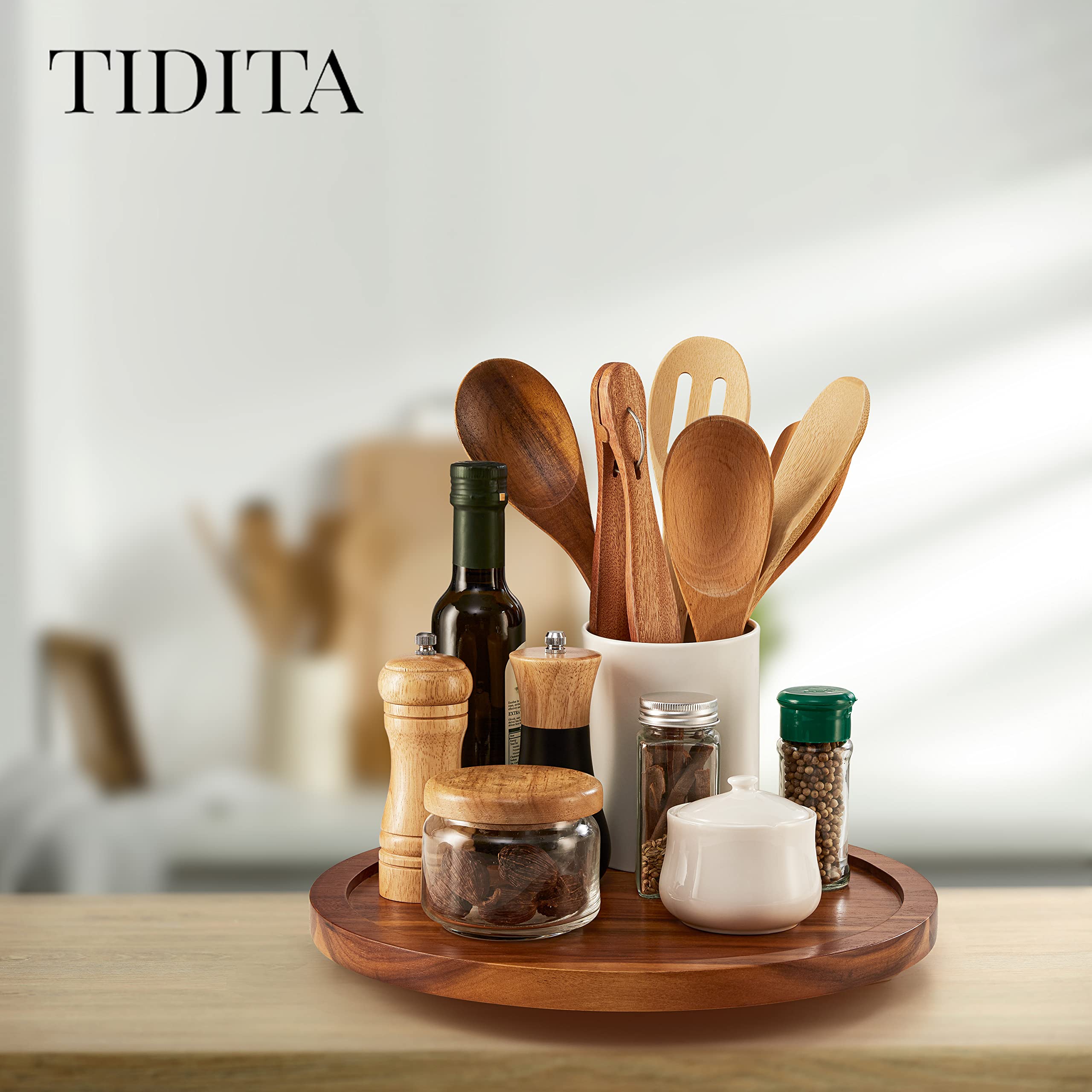 TIDITA 13" Acacia Lazy Susan Organizer for Table - Wooden Lazy Susan Organizer for Cabinet - Kitchen Turntable Storage Food Bins Container for Pantry, Counter top (Acacia Wood )