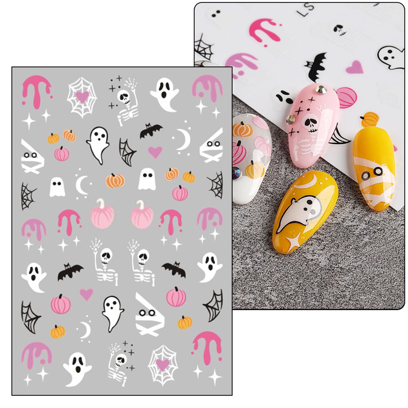 JMEOWIO 9 Sheets Pink Halloween Nail Art Stickers Decals Self-Adhesive Pegatinas Uñas Cute Skull Ghost Witchy Spider Web Bat Candy Pumpkin Nail Supplies Nail Art Design Decoration Accessories