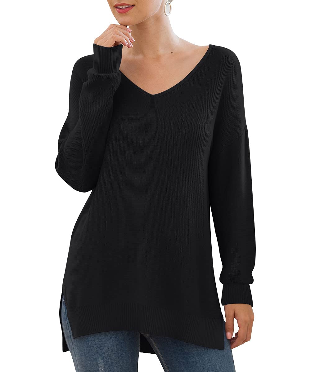 GRECERELLE Women's V-Neck Long Sleeve Side Split Loose Casual Knit Pullover Sweater Blouse Black-Medium