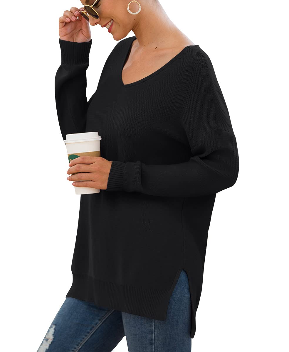 GRECERELLE Women's V-Neck Long Sleeve Side Split Loose Casual Knit Pullover Sweater Blouse Black-Medium