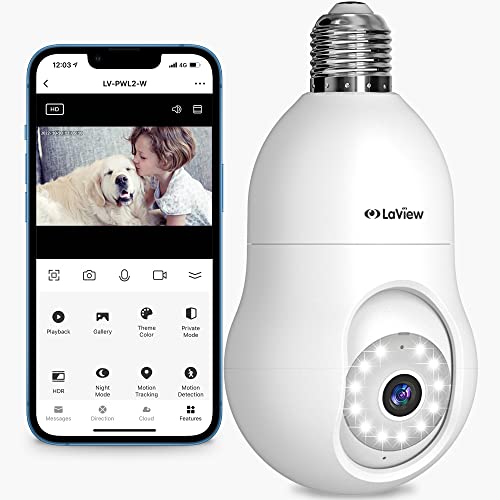 LaView 4MP Bulb Security Camera 2.4GHz,360° 2K Security Cameras Wireless Outdoor Indoor Full Color Day and Night, Motion Detection, Audible Alarm, Easy Installation, Compatible with AlexaâŚ