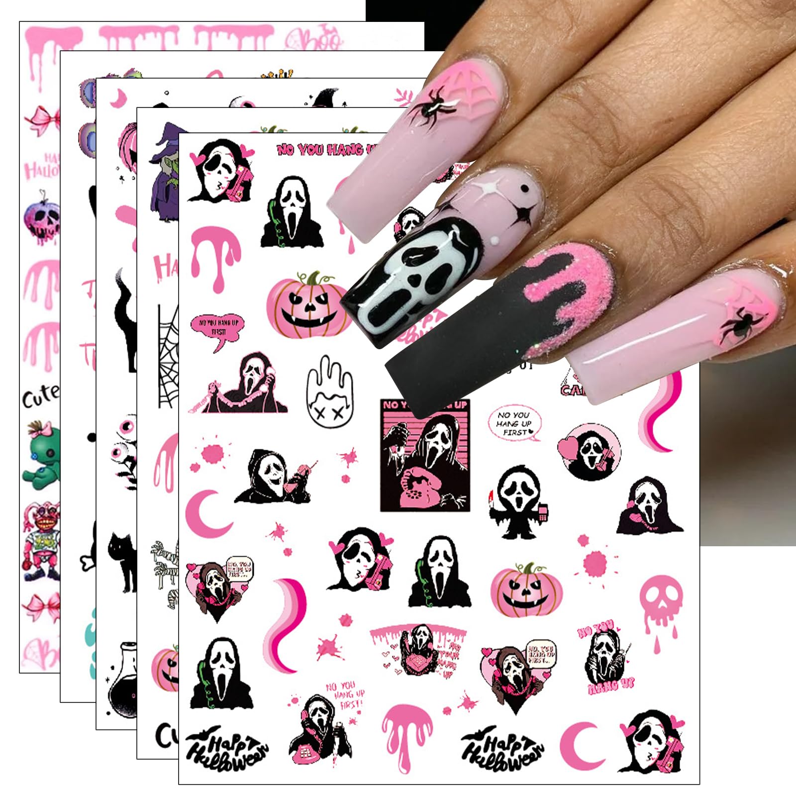 JMEOWIO 9 Sheets Pink Halloween Nail Art Stickers Decals Self-Adhesive Pegatinas Uñas Cute Skull Ghost Witchy Spider Web Bat Candy Pumpkin Nail Supplies Nail Art Design Decoration Accessories