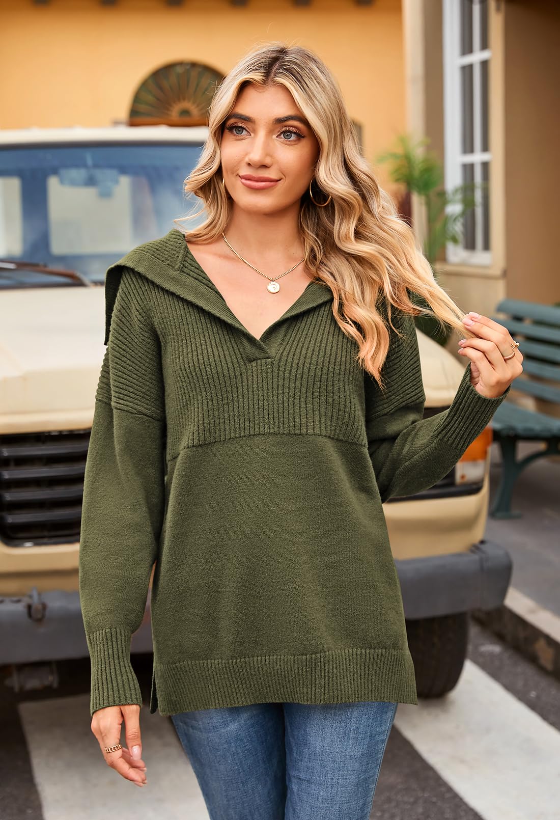 Womens 2024 Fall Lapel Collar Long Sleeve V Neck Ribbed Knit Loose Casual Pullover Sweater Jumper Top Army Green M