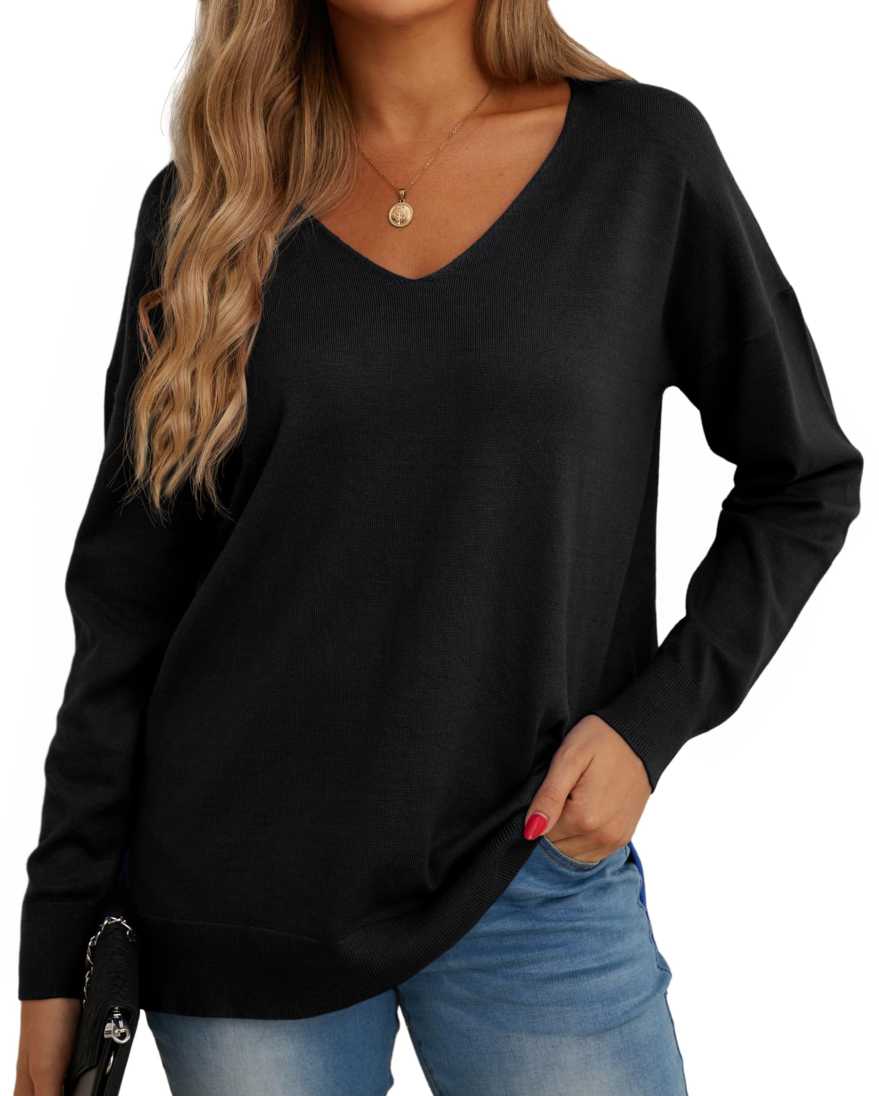 GRECERELLE Women's V-Neck Long Sleeve Side Split Loose Casual Knit Pullover Sweater Blouse Black-Medium