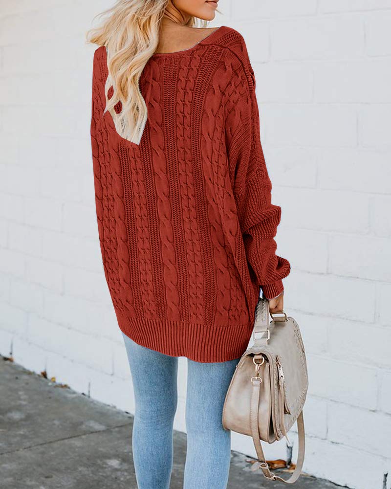 Womens Pullover Sweaters Plus Size Cable Knit V Neck Lace Up Long Sleeve Fall Jumper Tops Black