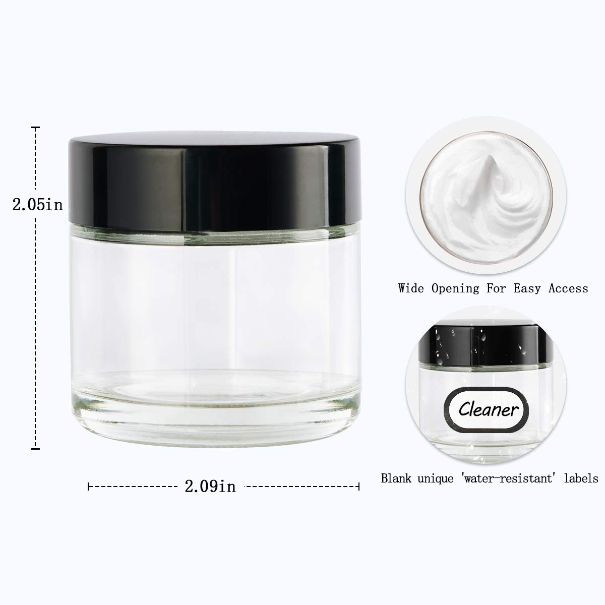 2 oz Clear Round Glass Jars (24 Pack), Empty Cosmetic Containers with Inner Liners and 24 black Lids & 24 Silver Lids for Slime, Beauty Products, Cosmetic, Lotion, Ointments and DIY