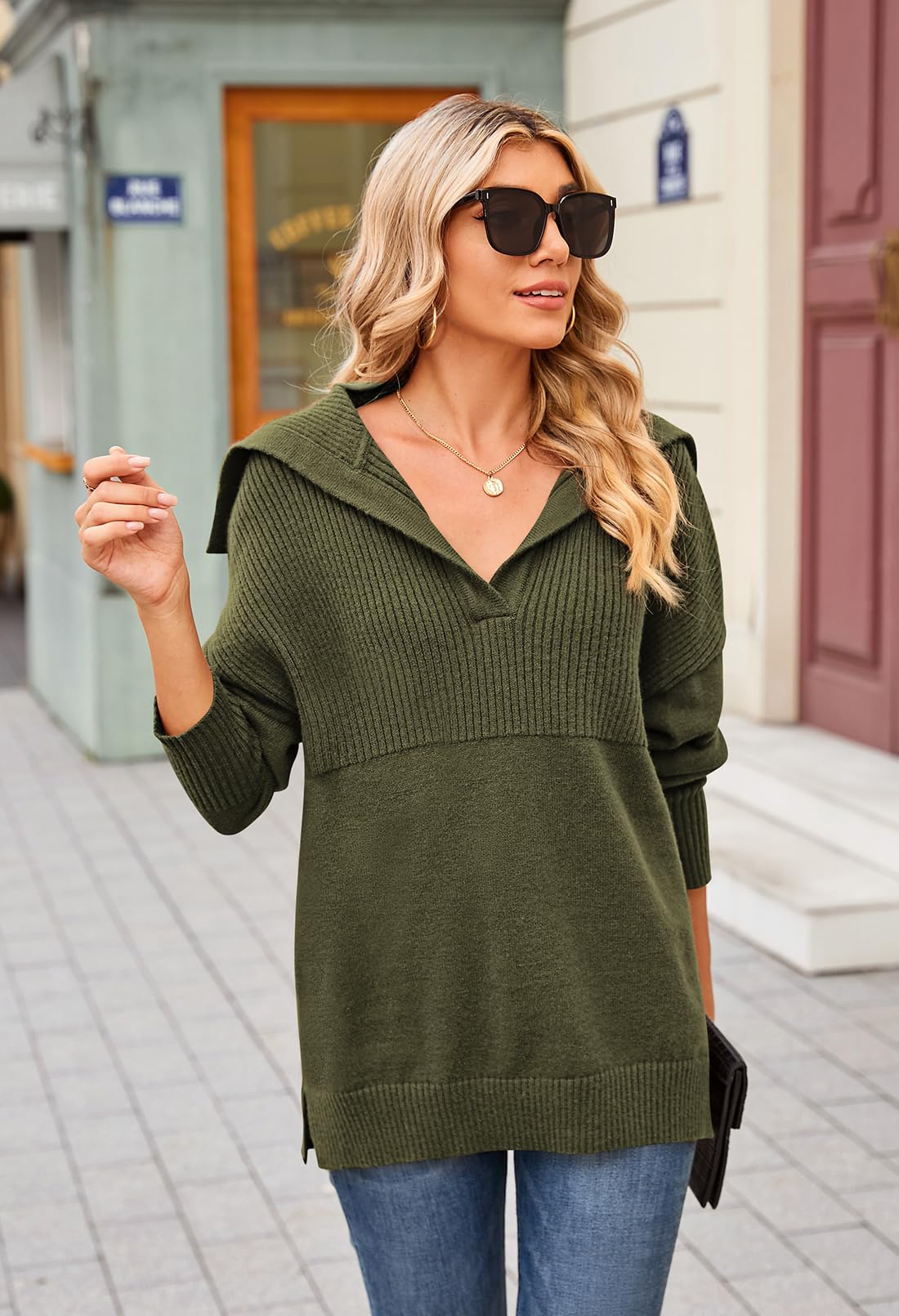 Womens 2024 Fall Lapel Collar Long Sleeve V Neck Ribbed Knit Loose Casual Pullover Sweater Jumper Top Army Green M