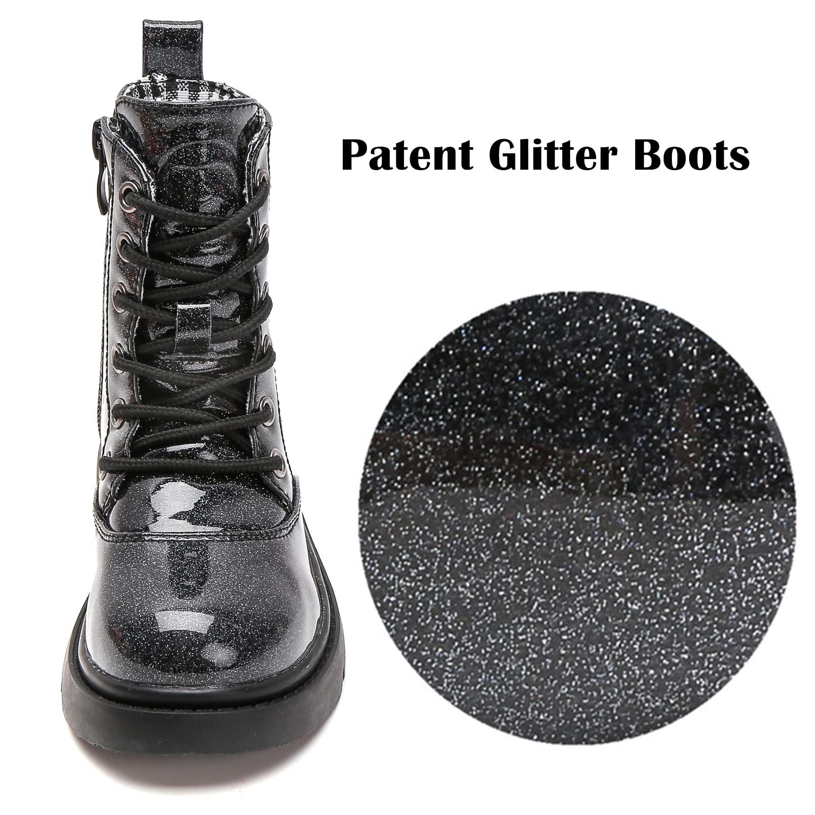 kkdom Boys Girls Waterproof Lace Up Side Zipper Mid Calf Combat Boots(Toddler/Little Kid/Big Kid) Glitter Black US Size 2 M Little Kid