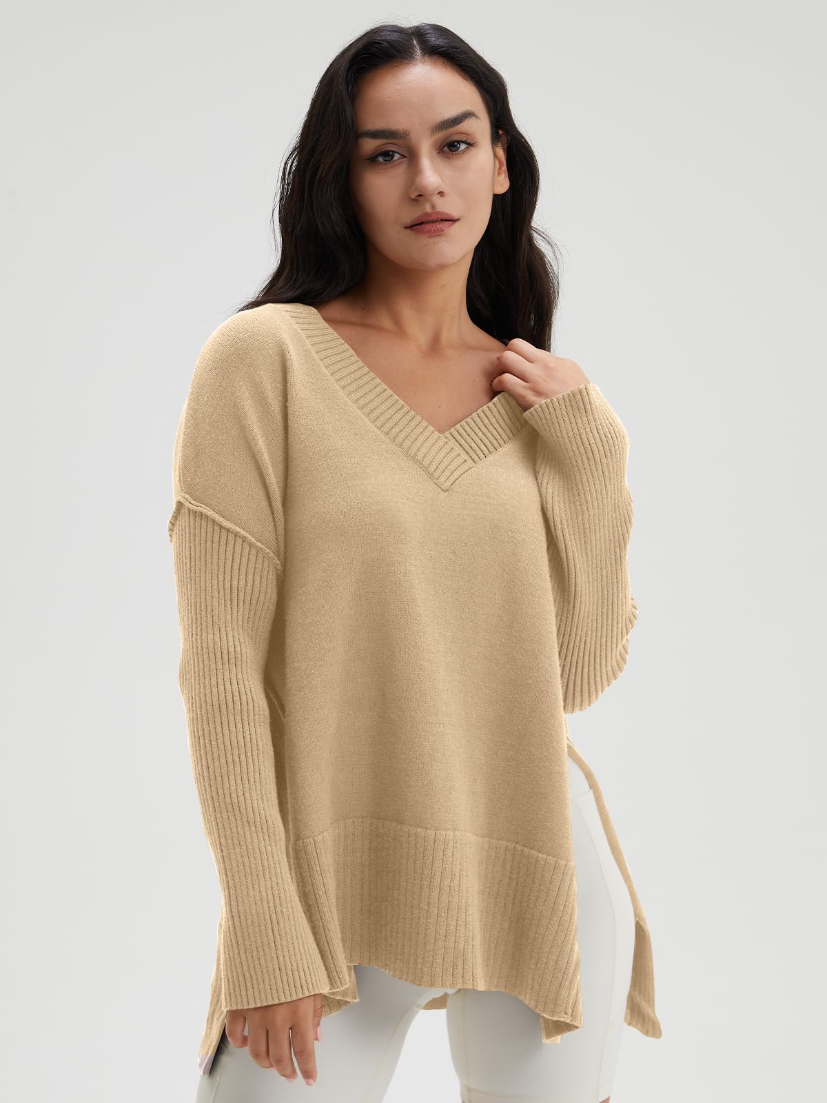 DEEP SELF Women's V Neck Oversized Sweaters 2024 Fall Winter Long Sleeve Split Hem Casual Asymmetric Tunic Pullover Sweater Knit Tops (Apricot, Small)