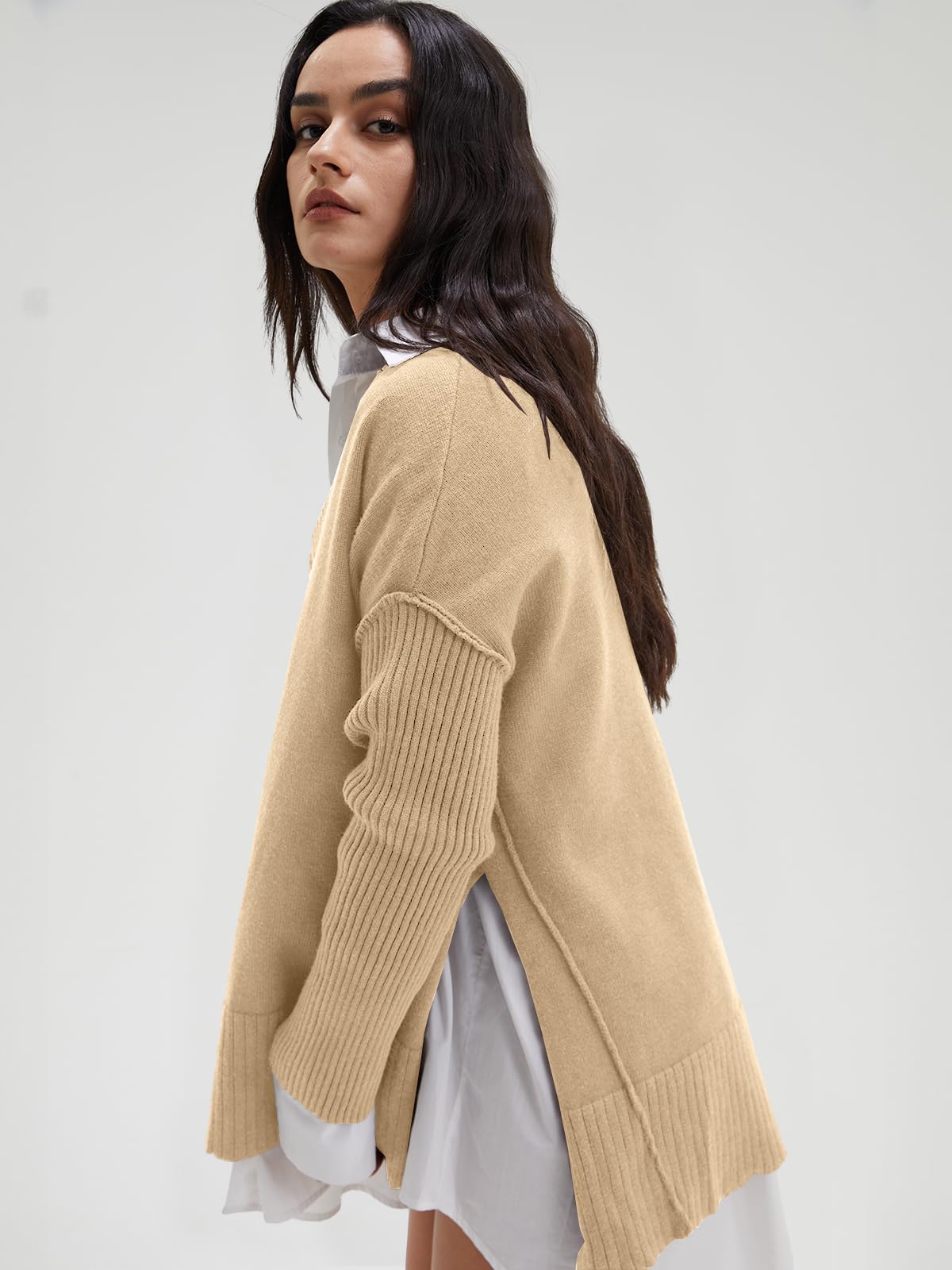 DEEP SELF Women's V Neck Oversized Sweaters 2024 Fall Winter Long Sleeve Split Hem Casual Asymmetric Tunic Pullover Sweater Knit Tops (Apricot, Small)