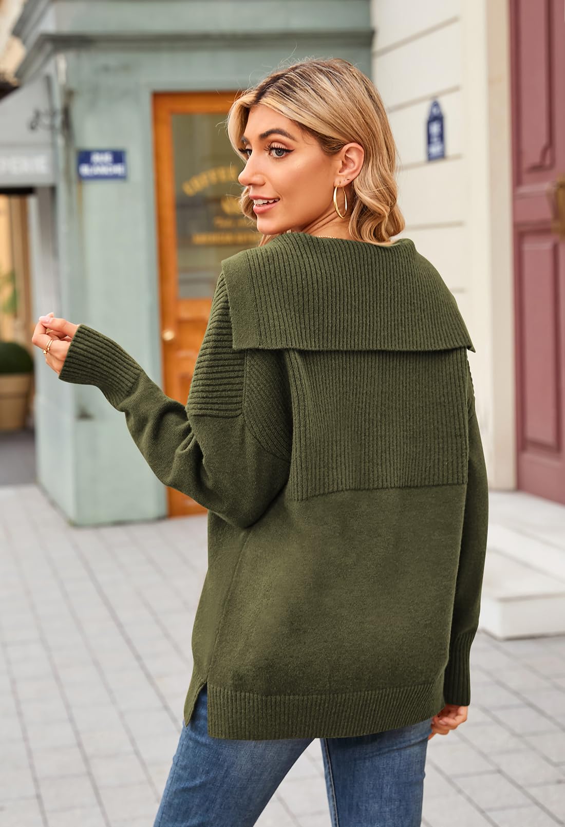 Womens 2024 Fall Lapel Collar Long Sleeve V Neck Ribbed Knit Loose Casual Pullover Sweater Jumper Top Army Green M