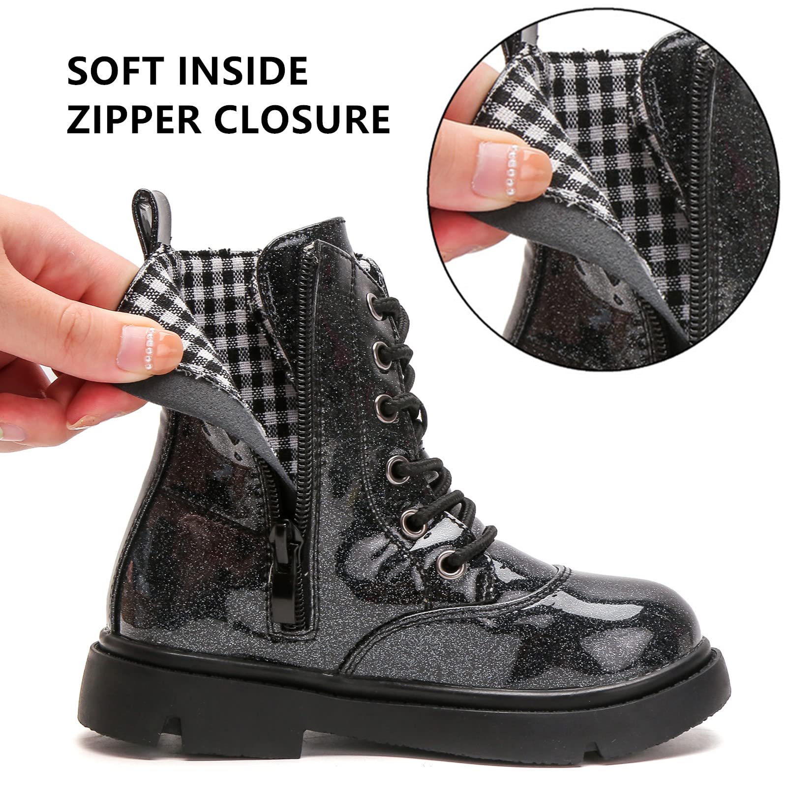 kkdom Boys Girls Waterproof Lace Up Side Zipper Mid Calf Combat Boots(Toddler/Little Kid/Big Kid) Glitter Black US Size 2 M Little Kid