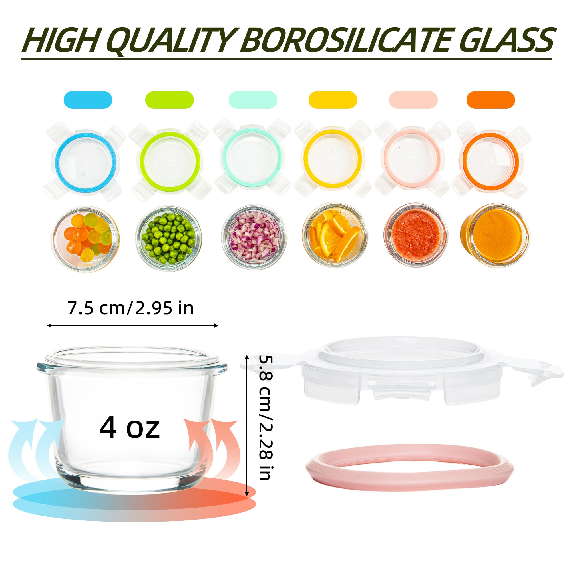 CZUMJJ 4 oz Circular Glass Food Storage Containers Set of 24, Small Containers with Locking Lids, Airtight Glass Food Jars for Food Portion, Snacks | Freezer, Microwave & Dishwasher Safe