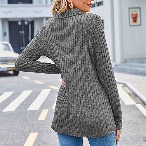 Women's Fashion Pullover Knitted Ribbed Shirts Long Sleeve V-Neck Blouse Tops Casual Fall Clothes for Women 2024 Cute Sweatshirts Dark Gray