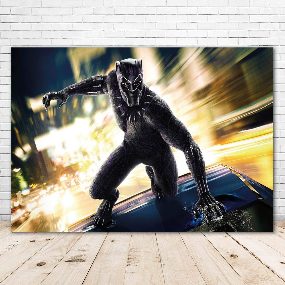 Colorwonder Vinyl Superhero Backdrop 7x5ft Black Panther Backdrop Happy Birthday for Boys Cityscape Super Star Black Panther Birthday Party Supplies, Black