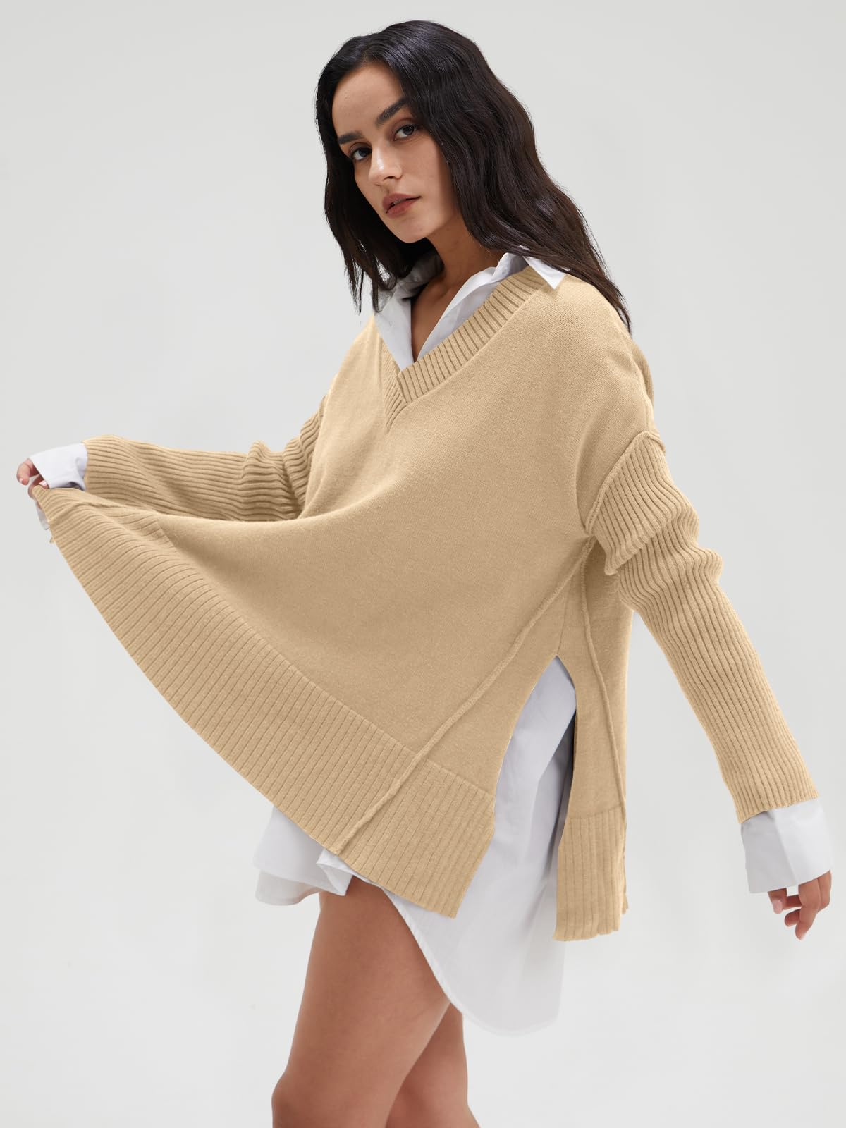 DEEP SELF Women's V Neck Oversized Sweaters 2024 Fall Winter Long Sleeve Split Hem Casual Asymmetric Tunic Pullover Sweater Knit Tops (Apricot, Small)