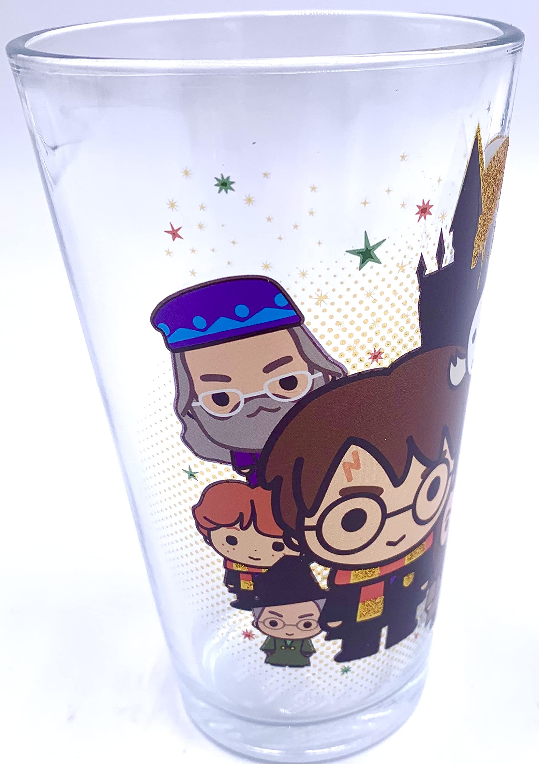 Silver Buffalo Chibi Harry Potter and Friends Boxed Christmas Tumbler Pint Glass - 16 oz - Gold Glitter