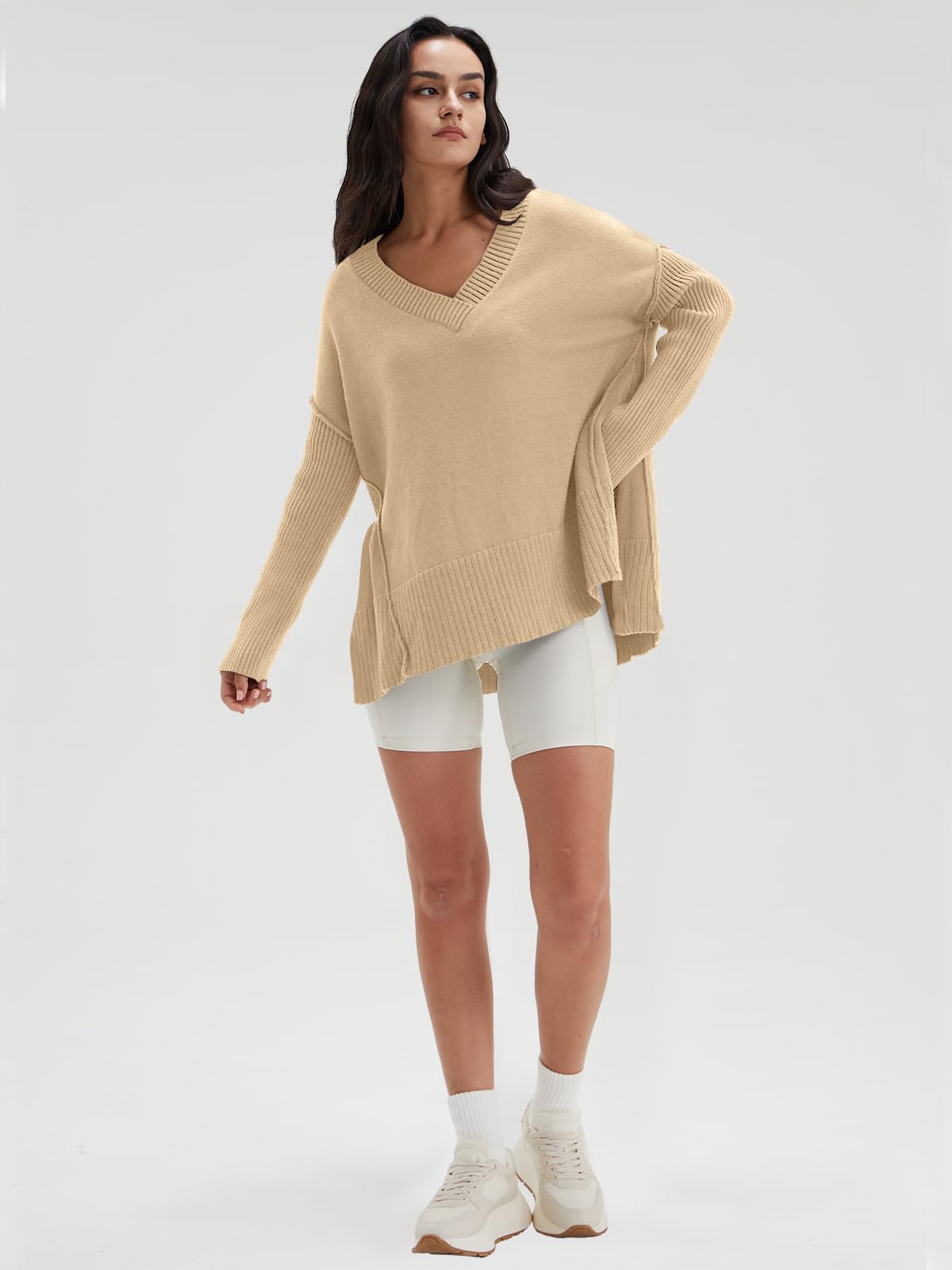 DEEP SELF Women's V Neck Oversized Sweaters 2024 Fall Winter Long Sleeve Split Hem Casual Asymmetric Tunic Pullover Sweater Knit Tops (Apricot, Small)