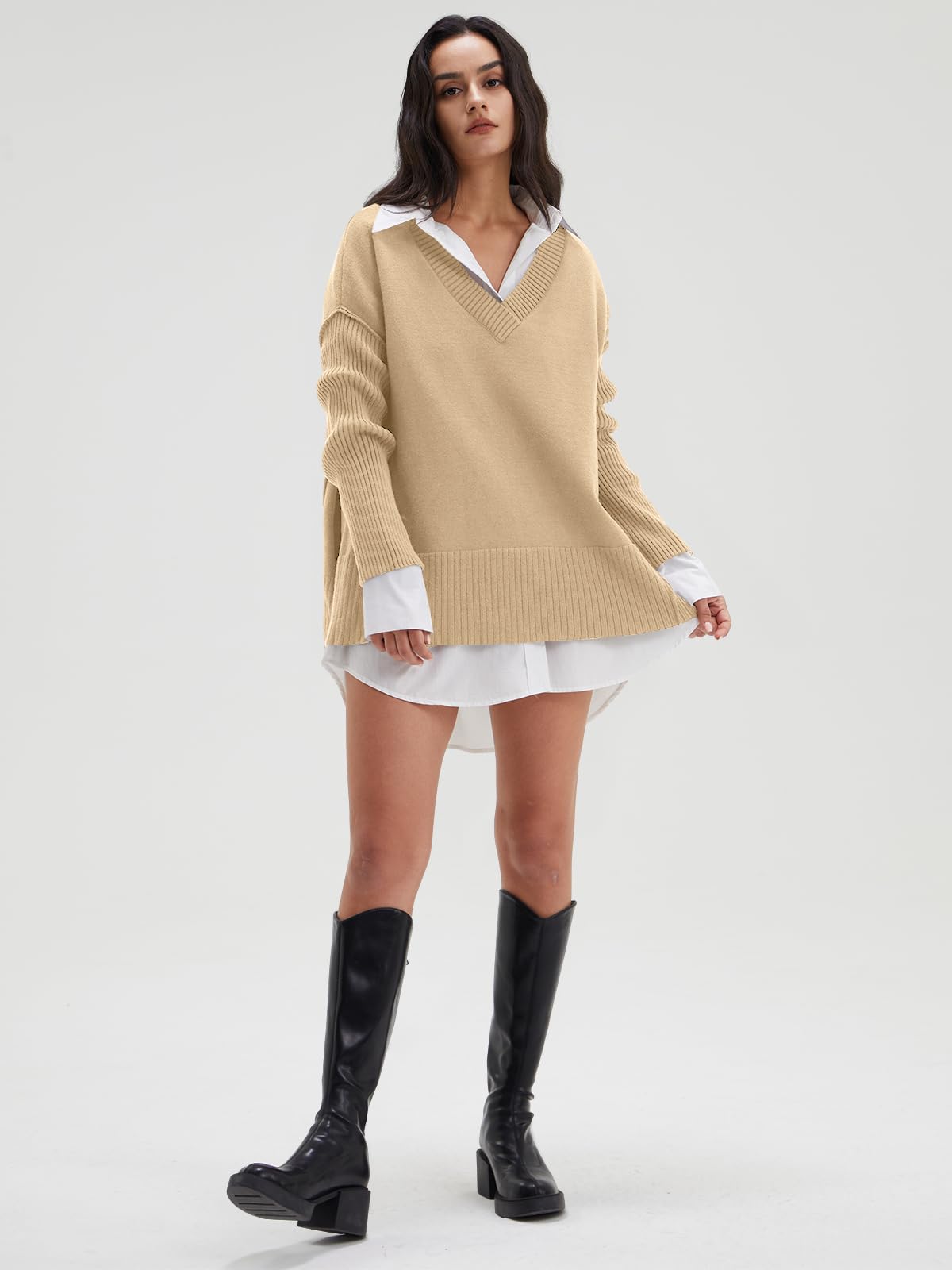 DEEP SELF Women's V Neck Oversized Sweaters 2024 Fall Winter Long Sleeve Split Hem Casual Asymmetric Tunic Pullover Sweater Knit Tops (Apricot, Small)