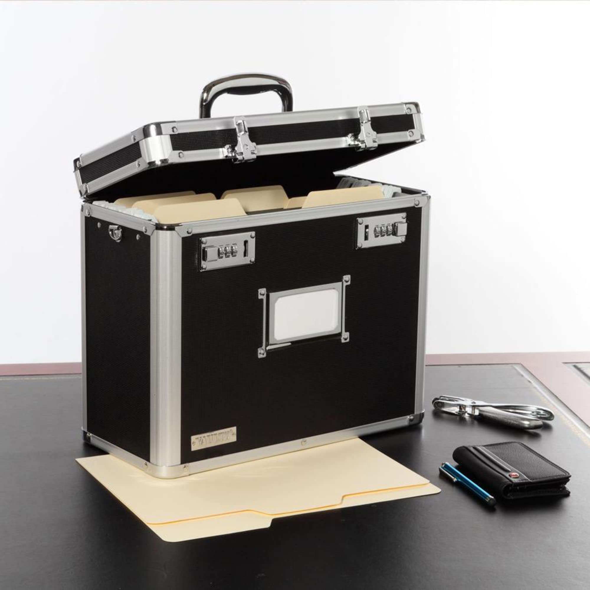 Vaultz File Organizer Box - 14 x 7 x 12.19 Inch Letter Size, Portable Locking Storage Totes with Dual Combination Locks for Filing Office Documents - Black