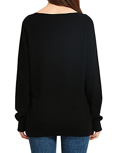 Kallspin Women's 100% Cotton Sweater Pullover Relaxed Fit V Neck Long Sleeve Fashion Knitted Jumper (Black,Medium)